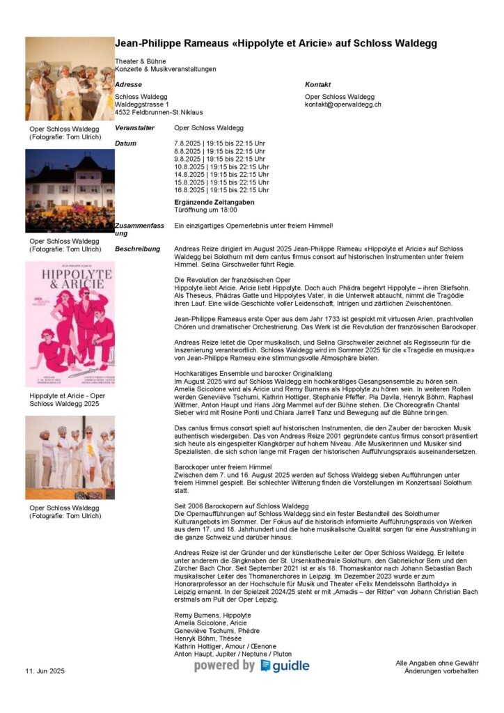 Oper „Hippolyte et Aricie“ auf Schloss Waldegg – Gemeinde Feldbrunnen ...